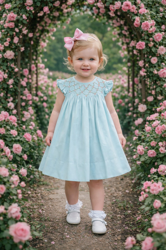 Mint Hand smocked Girl's Bishop Dress